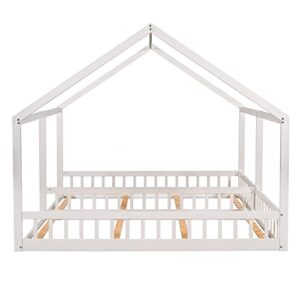 Harper & Bright Designs Kids House Bed Frame with 2 Twin Platform Beds,Wooden Double Twin Beds with Triangular Roof,Montessori Floor Bed Twin with Rails for Girls or Boys, No Box Spring Needed,White