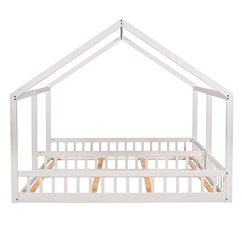 Harper & Bright Designs Kids House Bed Frame with 2 Twin Platform Beds,Wooden Double Twin Beds with Triangular Roof,Montessori Floor Bed Twin with Rails for Girls or Boys, No Box Spring Needed,White