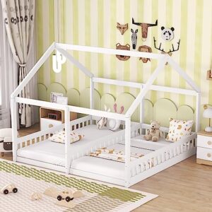 Harper & Bright Designs Kids House Bed Frame with 2 Twin Platform Beds,Wooden Double Twin Beds with Triangular Roof,Montessori Floor Bed Twin with Rails for Girls or Boys, No Box Spring Needed,White