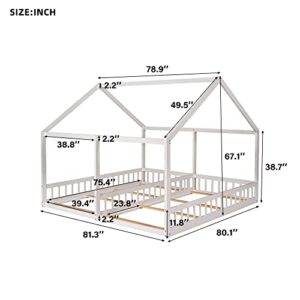 Harper & Bright Designs Kids House Bed Frame with 2 Twin Platform Beds,Wooden Double Twin Beds with Triangular Roof,Montessori Floor Bed Twin with Rails for Girls or Boys, No Box Spring Needed,White