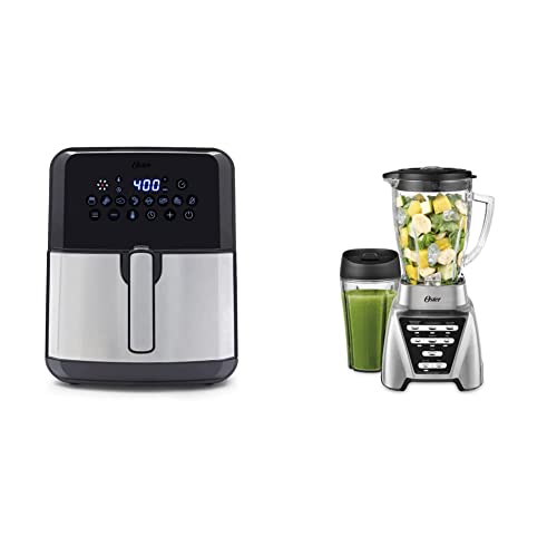 Oster DiamondForce Nonstick XL 5 Quart Digital Air Fryer, 8 Functions with Digital Touchscreen & Blender | Pro 1200 with Glass Jar, 24-Ounce Smoothie Cup, Brushed Nickel