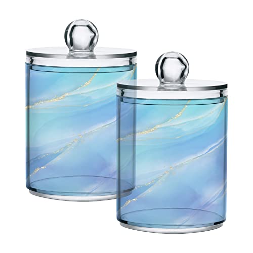 xigua 2 Pack Blue Gold Marble Apothecary Jars with Lid, Qtip Holder Storage Jars for Cotton Ball, Cotton Swab, Cotton Round Pads, Clear Plastic Canisters for Bathroom Vanity Organization (10 Oz)