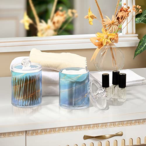 xigua 2 Pack Blue Gold Marble Apothecary Jars with Lid, Qtip Holder Storage Jars for Cotton Ball, Cotton Swab, Cotton Round Pads, Clear Plastic Canisters for Bathroom Vanity Organization (10 Oz)