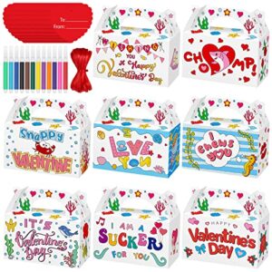 48 sets valentine's day treat boxes diy color your own paintable sea animal prints goodie boxes valentines cupcake boxes with 12 marker pens,48 heart tags and 48 satin ribbons for kids school supplies