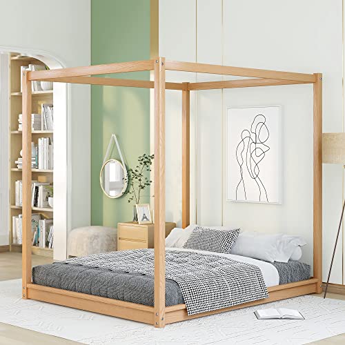 Harper & Bright Designs Queen Size Canopy Bed 4-Post Canopy Platform Bed Frame, Solid Wood Queen Floor Bed Frame for Kids Teens Adults, No Box Spring Needed (Natural)