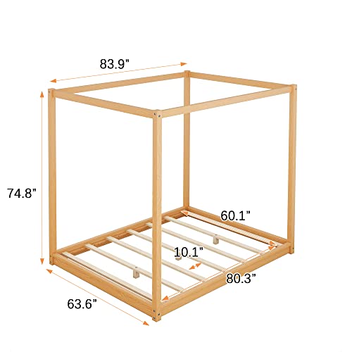 Harper & Bright Designs Queen Size Canopy Bed 4-Post Canopy Platform Bed Frame, Solid Wood Queen Floor Bed Frame for Kids Teens Adults, No Box Spring Needed (Natural)