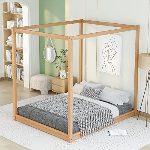 Harper & Bright Designs Queen Size Canopy Bed 4-Post Canopy Platform Bed Frame, Solid Wood Queen Floor Bed Frame for Kids Teens Adults, No Box Spring Needed (Natural)