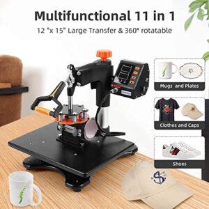 Heat Press Machine, 11 in 1 Professional Sublimation Machine 12" X 15", 360° Swing Away Shirt Printing Heat Transfer Machine Digital Industrial-Quality Shirt Pressing Machine for Tshirt,Hat,Mug,Plate