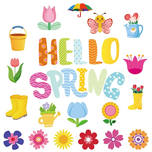 68 Pcs Hello Spring Cut Outs with 100 Pcs Glue Points Spring Floral Cut Outs Spring Bulletin Board Set Flower Plants Spring Cutouts Bulletin Board Decorations for Classroom School Game (Fresh Style)