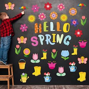 68 Pcs Hello Spring Cut Outs with 100 Pcs Glue Points Spring Floral Cut Outs Spring Bulletin Board Set Flower Plants Spring Cutouts Bulletin Board Decorations for Classroom School Game (Fresh Style)