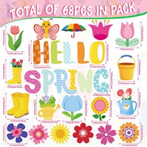 68 Pcs Hello Spring Cut Outs with 100 Pcs Glue Points Spring Floral Cut Outs Spring Bulletin Board Set Flower Plants Spring Cutouts Bulletin Board Decorations for Classroom School Game (Fresh Style)