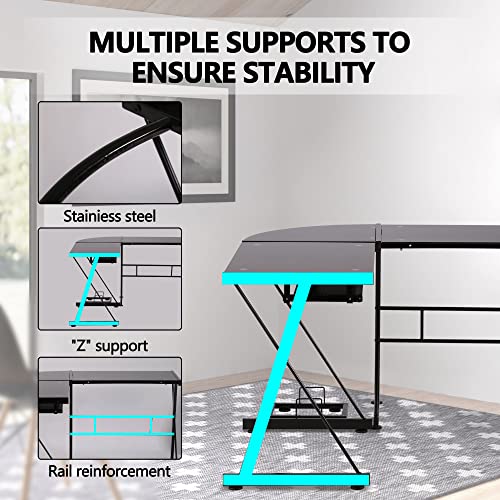 Haiput Wam Gaming Desk L Shaped Computer Desk Office Desk Modern Toughened Glass Corner Desk with Keyboard Tray for Home Office Writing Study 51", PC Desk Gaming Computer Desk