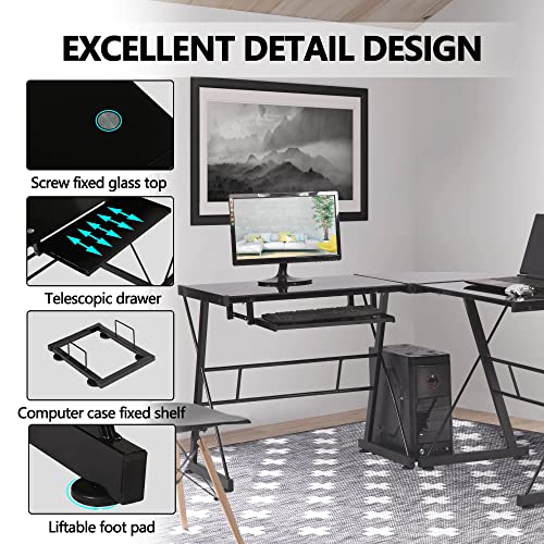 Haiput Wam Gaming Desk L Shaped Computer Desk Office Desk Modern Toughened Glass Corner Desk with Keyboard Tray for Home Office Writing Study 51", PC Desk Gaming Computer Desk