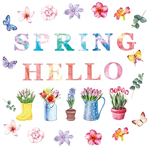 68 Pcs Hello Spring Cut Outs with 100 Pcs Glue Points Spring Floral Cut Outs Spring Bulletin Board Set Flower Plants Spring Cutouts Bulletin Board Decorations for Classroom School Game (Cute Style)