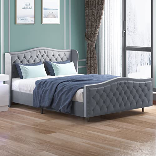 BALUS King Wingback Bed Frame with Headboard,Upholstered Platform Bed Frame Dutch Velvet Upholstered Bed，Modern Design，Available in 3 Sizes and 3 Colors Panel Bed Frame (Silver Gray)