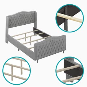 BALUS King Wingback Bed Frame with Headboard,Upholstered Platform Bed Frame Dutch Velvet Upholstered Bed，Modern Design，Available in 3 Sizes and 3 Colors Panel Bed Frame (Silver Gray)