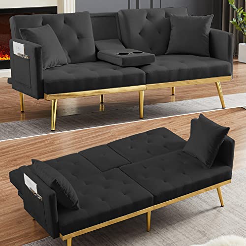 Futon Sofa Bed with Cup Holder, JEEOHEY 69" W Convertible Sleeper Sofa with 6 Metal Golden Legs & 2 Pillows & 2 Pockets, Small Loveseat Sofa w/Split back for Living Room, Apartment, Small Space, Black