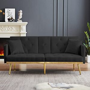 Futon Sofa Bed with Cup Holder, JEEOHEY 69" W Convertible Sleeper Sofa with 6 Metal Golden Legs & 2 Pillows & 2 Pockets, Small Loveseat Sofa w/Split back for Living Room, Apartment, Small Space, Black