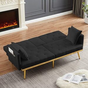 Futon Sofa Bed with Cup Holder, JEEOHEY 69" W Convertible Sleeper Sofa with 6 Metal Golden Legs & 2 Pillows & 2 Pockets, Small Loveseat Sofa w/Split back for Living Room, Apartment, Small Space, Black