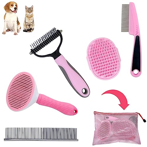 Dog Brush Shedding Kit Grooming - Dog Grooming Dog Brush for Shedding Short Haired Dogs, Deshedder Brush for Dogs, Dog Grooming Combs, Dematting Combs Set Pink