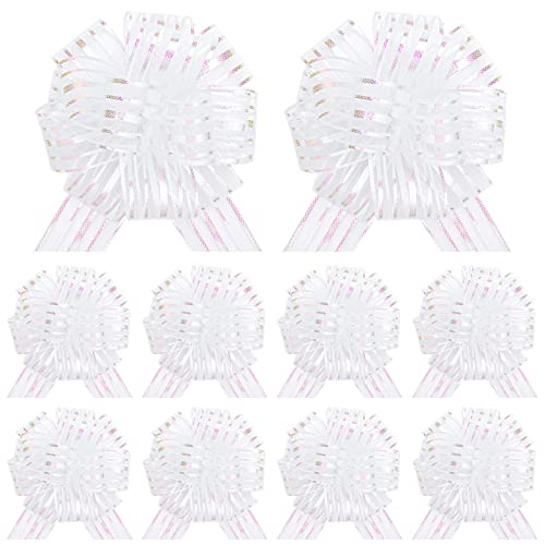 20 Pieces Large Pull Bow for Gift Wrapping 6 Inch Organza Gift Bow with Ribbon for Wrapping Gift Boxes, Baskets and Bags, Decorate Christmas, Wedding and Party (White)