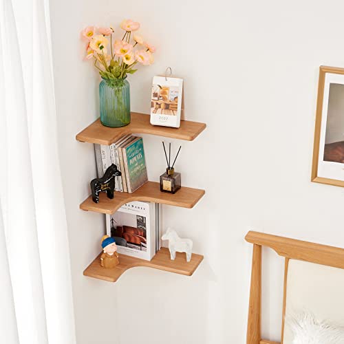 TREOAKWIS Corner Shelf Solid Oak Wood Floating Corner Shelf Wall Mount Floating Shelf Display Shelf for Small Plant, Speaker, Photo Frame,Storage for Bedroom Kitchen,Living Room,Office