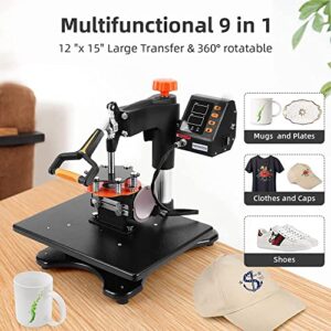 Heat Press Machine,9 in 1 Professional Sublimation Machine 12" X 15",360°Swing Away Shirt Printing Heat Transfer Machine Digital Industrial-Quality Shirt Pressing Machine for Shirt,Hat,Mug,Plate