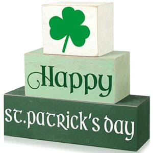 3 pcs farmhouse st. patrick's day table sign irish st. patrick's day table wood decorations shamrock clover st. patricks day blocks lucky print st. patrick's day tiered tray decor for party home desk