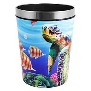 sea turtle trash can, 12 liter/2.6 gallon pu leather trash cans, garbage can with press ring, decoration waste paper basket, container trash bin for ocean room, children's bedroom, home, office