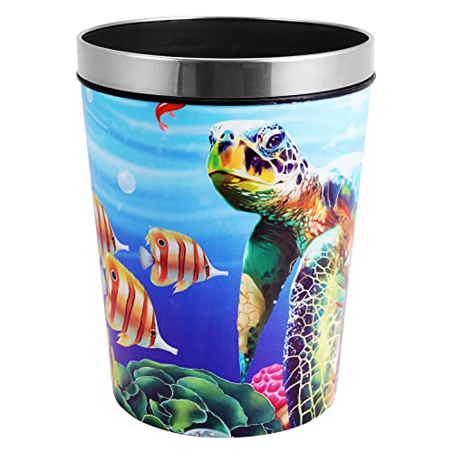 Sea Turtle Trash Can, 12 Liter/2.6 Gallon PU Leather Trash Cans, Garbage Can with Press Ring, Decoration Waste Paper Basket, Container Trash Bin for Ocean Room, Children's Bedroom, Home, Office