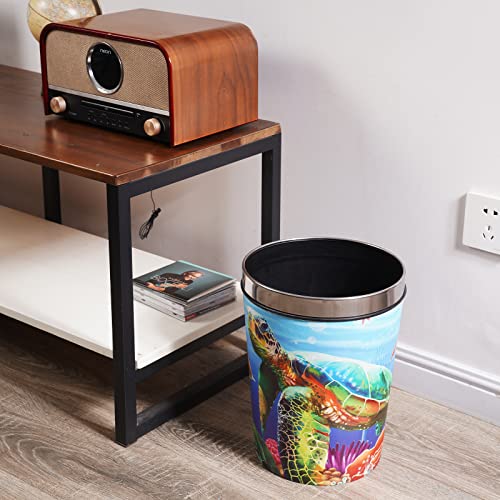 Sea Turtle Trash Can, 12 Liter/2.6 Gallon PU Leather Trash Cans, Garbage Can with Press Ring, Decoration Waste Paper Basket, Container Trash Bin for Ocean Room, Children's Bedroom, Home, Office