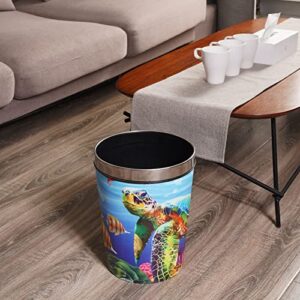 Sea Turtle Trash Can, 12 Liter/2.6 Gallon PU Leather Trash Cans, Garbage Can with Press Ring, Decoration Waste Paper Basket, Container Trash Bin for Ocean Room, Children's Bedroom, Home, Office