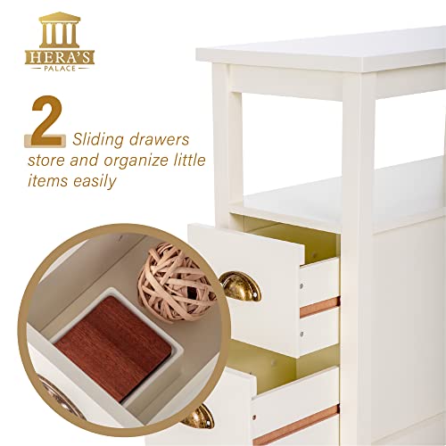 HERA'S PALACE Small End Table with Storage, White Nightstand with Drawer, Sturdy and Durable, Narrow Side Table for Bedroom, Living Room, Office, Sofa