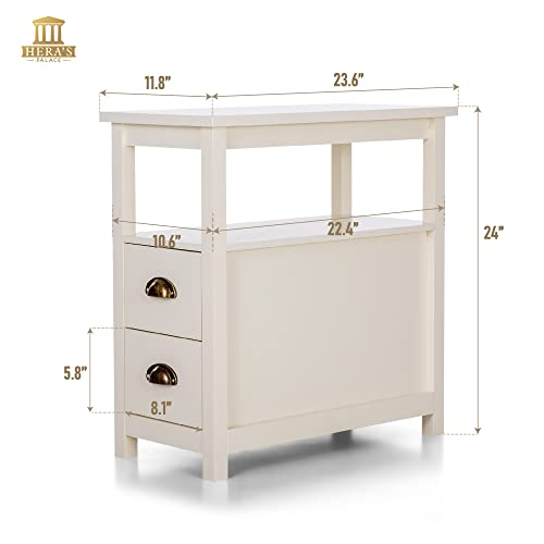 HERA'S PALACE Small End Table with Storage, White Nightstand with Drawer, Sturdy and Durable, Narrow Side Table for Bedroom, Living Room, Office, Sofa