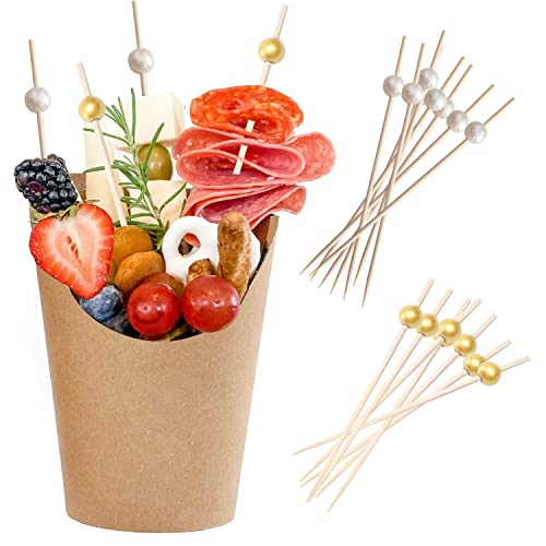 HXYCNNA [50 Cups + 200 Picks] Charcuterie Cups with Cocktail Picks, Disposable French Fries Cups, 14 oz French Fry Holder Kraft Paper Cups, French Fry Paper Snack Cups