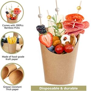 HXYCNNA [50 Cups + 200 Picks] Charcuterie Cups with Cocktail Picks, Disposable French Fries Cups, 14 oz French Fry Holder Kraft Paper Cups, French Fry Paper Snack Cups