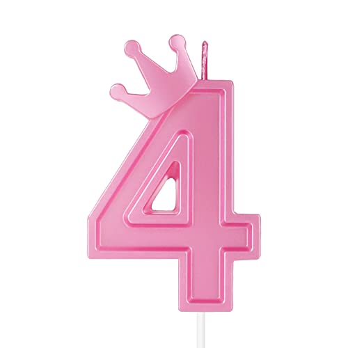 3inch Birthday Number Candle, 3D Candle Cake Topper with Crown Cake Numeral Candles Number Candles for Birthday Anniversary Parties (Pink; 4)