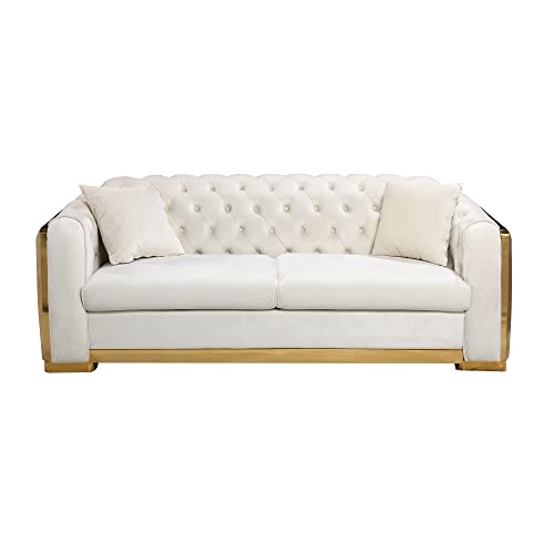 Chesterfield Loveseat Velvet, 82" Large Upholstered Sofa with Button-Tufted Back, Retro Modern Sleeper Sofa Settee with Curved Gold Metal Frame, 3 Seater Wide Comfy Couches for Living Room (White)