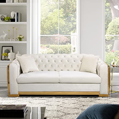 Chesterfield Loveseat Velvet, 82" Large Upholstered Sofa with Button-Tufted Back, Retro Modern Sleeper Sofa Settee with Curved Gold Metal Frame, 3 Seater Wide Comfy Couches for Living Room (White)