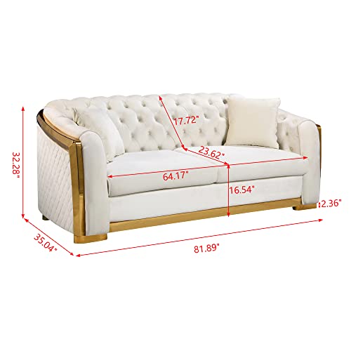 Chesterfield Loveseat Velvet, 82" Large Upholstered Sofa with Button-Tufted Back, Retro Modern Sleeper Sofa Settee with Curved Gold Metal Frame, 3 Seater Wide Comfy Couches for Living Room (White)