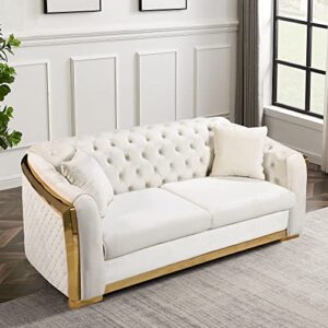 Chesterfield Loveseat Velvet, 82" Large Upholstered Sofa with Button-Tufted Back, Retro Modern Sleeper Sofa Settee with Curved Gold Metal Frame, 3 Seater Wide Comfy Couches for Living Room (White)