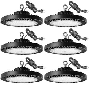 superyofo 6 pack 250w ufo led high bay light,30000lm 6000k daylight 1800w equivalent with us plug cable led garage lights commercial warehouse area light workshop garage factory lowbay area lighting