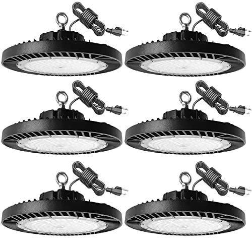 Superyofo 6 Pack 250W UFO LED High Bay Light,30000lm 6000K Daylight 1800W Equivalent with US Plug Cable LED Garage Lights Commercial Warehouse Area Light Workshop Garage Factory Lowbay Area Lighting