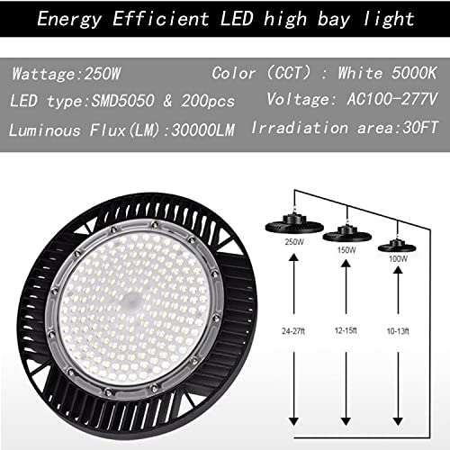 Superyofo 6 Pack 250W UFO LED High Bay Light,30000lm 6000K Daylight 1800W Equivalent with US Plug Cable LED Garage Lights Commercial Warehouse Area Light Workshop Garage Factory Lowbay Area Lighting