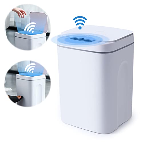 4 Gallon Automatic Trash Can, Touchless Bathroom Trash Cans with Lids, Waterproof Motion Sensor Trash Bin, Garbage Bin for Kitchen Bathroom Bedroom Living Room Office, Smart Waste Bin (White)