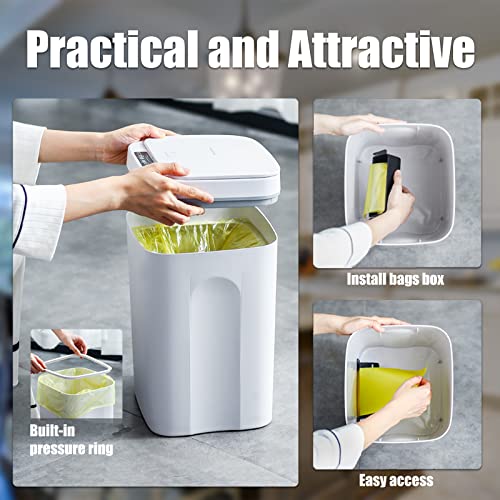 4 Gallon Automatic Trash Can, Touchless Bathroom Trash Cans with Lids, Waterproof Motion Sensor Trash Bin, Garbage Bin for Kitchen Bathroom Bedroom Living Room Office, Smart Waste Bin (White)