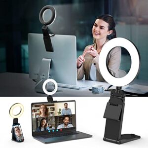 ring light for computer laptop,video conference lighting kit for zoom meetings,5" small led selfie light portable ring light with stand,cell phone holder desktop ring light for skype call black