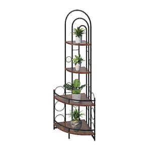 join iron fan-shaped corner storage shelves,4-tier corner shelf,corner shelves for storage and display,corner ladder shelf for living room, kitchen,home office. (rustic brown)