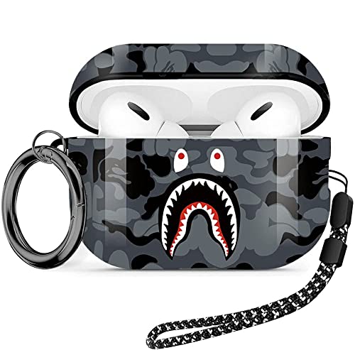 Fashion Pattern AirPods Pro 2nd Generation Case 2022,for Men Women Shark Tooth Camo Softshell Full Body Shockproof Protective Cover for New AirPod Pro 2 with Keychain/Hand Strap (Black Shark)