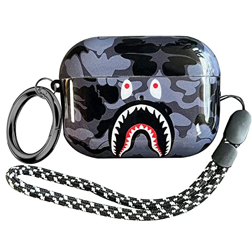 Fashion Pattern AirPods Pro 2nd Generation Case 2022,for Men Women Shark Tooth Camo Softshell Full Body Shockproof Protective Cover for New AirPod Pro 2 with Keychain/Hand Strap (Black Shark)